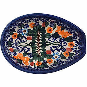 Polish Pottery 5-inch Spoon Rest (Double White Flower Theme) Signature UNIKAT + Certificate of Authenticity