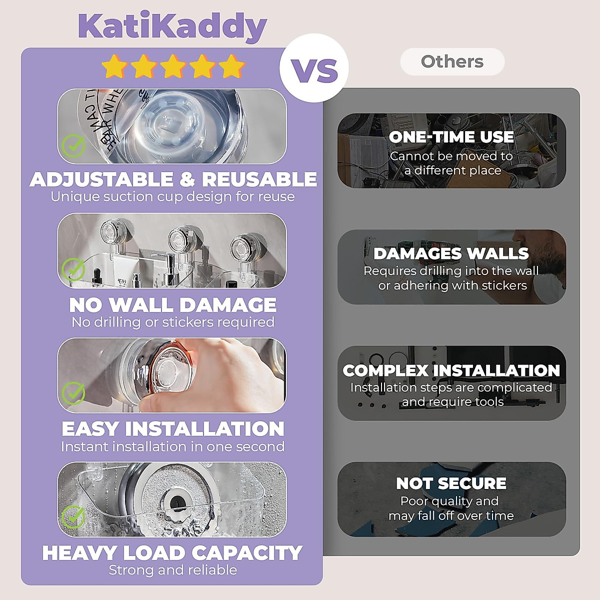 KATIKADDY Shower Caddy Suction Cup, 3 Piece Set Shower Organizer with Soap Dish, No Drilling Shower Shelf for Inside Shower Reusable for Bathroom Kitchen Living Room, Clear