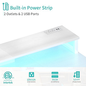 Lufeiya White Computer Desk with File Drawers Cabinet, 47 Inch Home Office Desks with Keyboard Tray, Gaming Desk with LED Lights and Power Outlets, Writing Table PC Desks with Monitor Stand, White