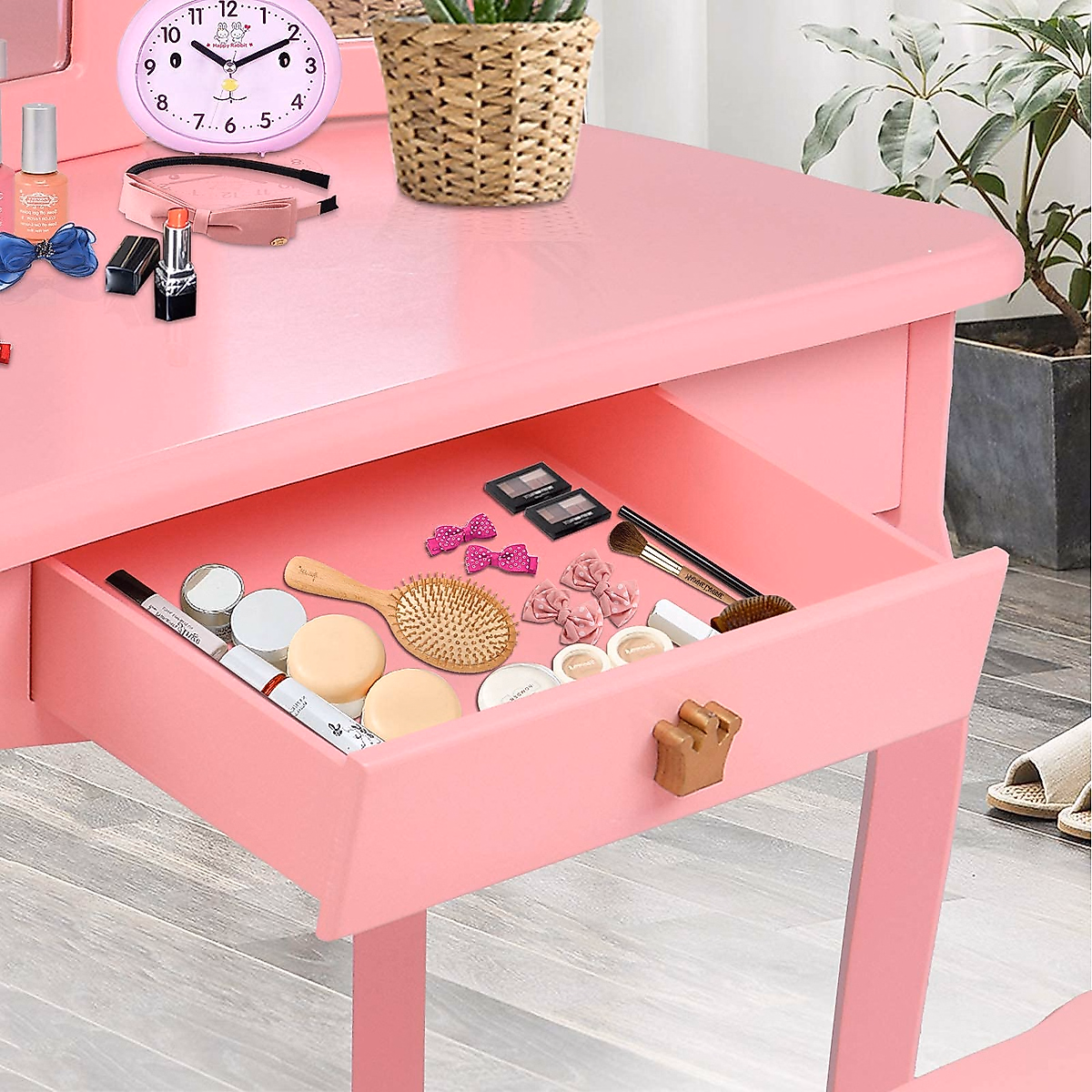 VALUE BOX Kids Vanity Table and Chair Set, 2 in 1 Princess Makeup Dressing Table with Drawer & Tri-Folding Mirror, Child Pretend Beauty Play Vanity Set for Girls