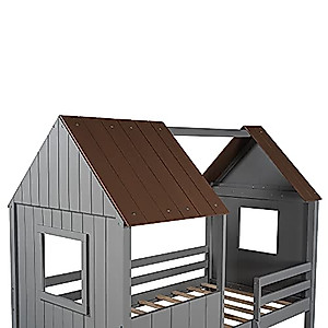ODC Twin Size Low Loft House Bed with Roof and 2 Side Windows, Full-Length Guardrail, Solid Wood Platform Bed Frame, No Box Spring Needed/Easy Assembly for Kids Teens Bedroom