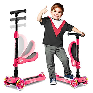 SereneLife 3 Wheeled Scooter for Kids - 2-in-1 Sit/Stand Child Toddlers Toy Kick Scooters w/ Flip-Out Seat, Adjustable Height, Wide Deck, Flashing Wheel Lights, Great for Outdoor Fun -SLKS26 (Pink)
