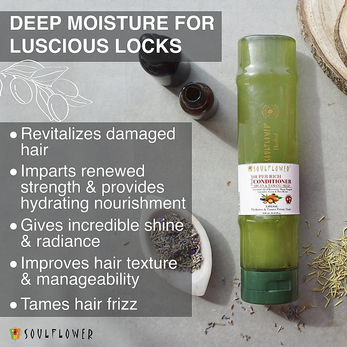 Soulflower ROSEMARY ARGAN HAIR CONDITIONER FOR FRIZZY HAIR, WITH LAVENDER ESSENTIAL OIL, TAMANU SEED, COCOA & SHEA BUTTER, SULFATE FREE, 250ML/ 8.45 FL OZ