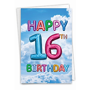 NobleWorks - 16th Happy Birthday Notecard with Envelope - Fun Bday Card for Birthdays, Milestone Celebration for 16 Year Old - Inflated Messages 16 (Not Actual Balloons, 3D or Raised) C9392MBG
