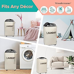 Wondersome Laundry Hamper with Wheels - Farmhouse Cream - 90-Liter Extra Large Collapsible Rolling Clothes Cart - Heavy Duty Locking Metal Wheel Tall Rectangular Canvas Storage Basket - US-Based Brand