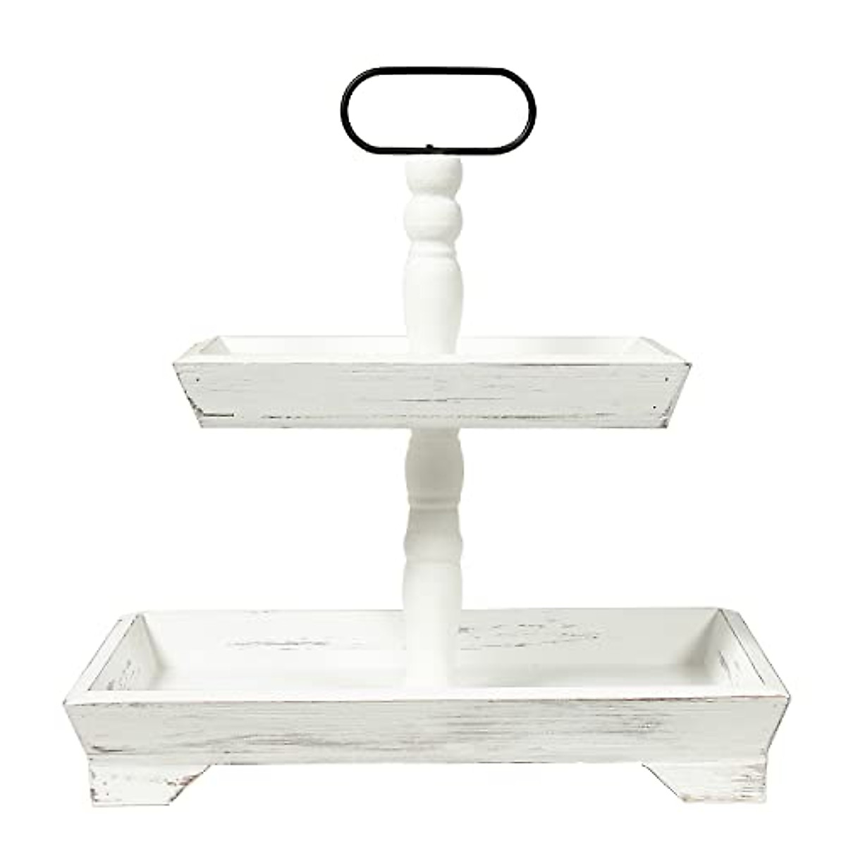 Dugunusu Farmhouse Two Tiered Tray Stand, Rectangle Rustic Wood Two Tiered Tray, Wooden Cake Stand Kitchen Tiered Tray, Decor Serving Tray for Home Farmhouse Décor (White)