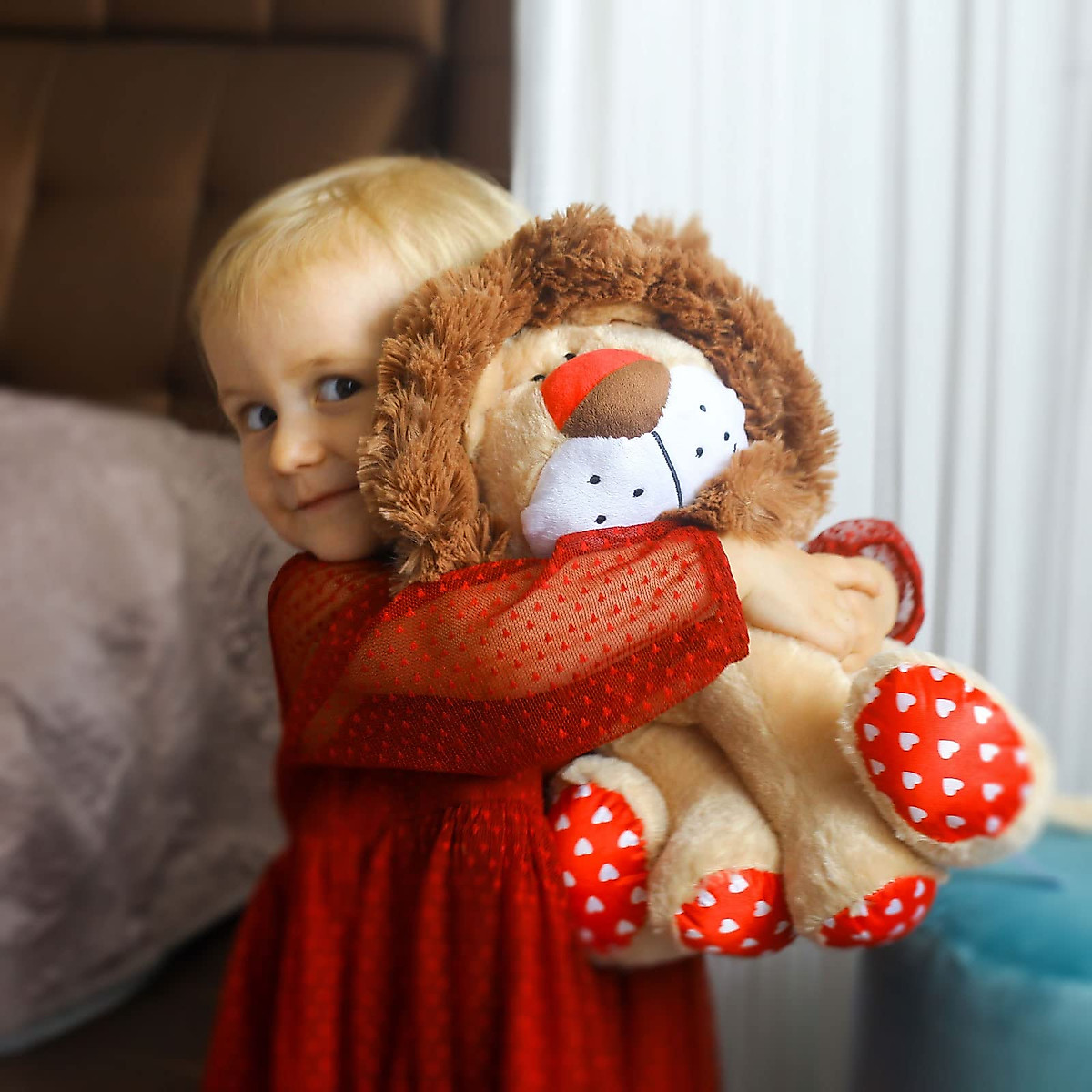WEIGEDU Love Lion Stuffed Animal, King Lion Plush Toy with Mane Heart Shape Tail for Kids Baby Lover Birthday Valentines Day Christmas Bedtime Gift, 13.8“