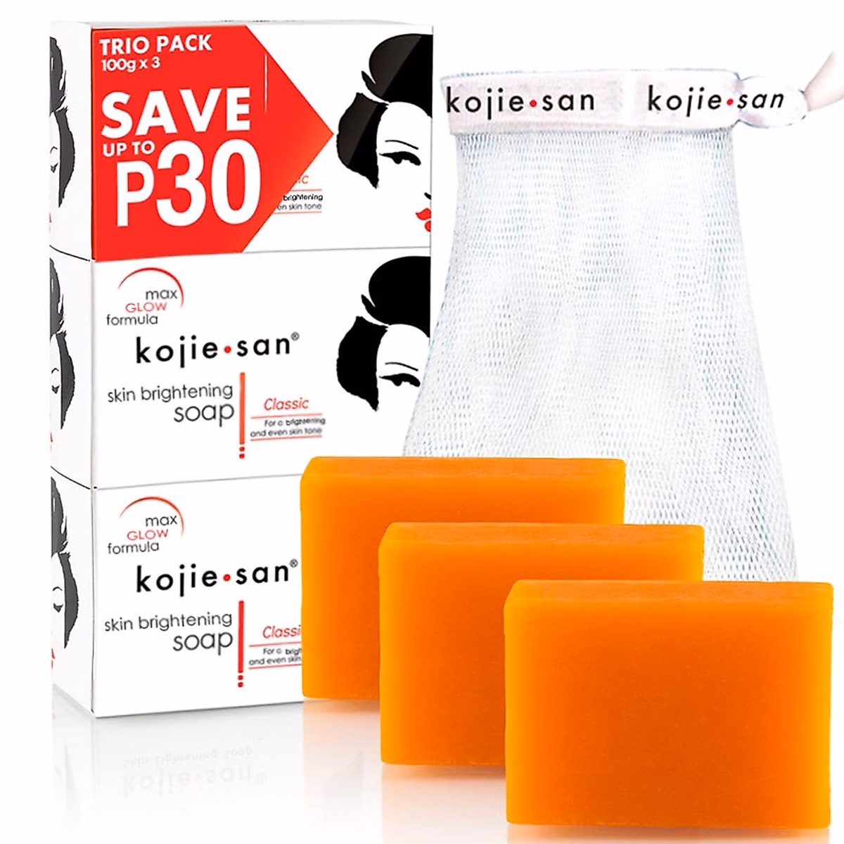 Kojie San Skin Brightening Soap – The Original Kojic Acid, Dark Spot Remover Bar Soap with Coconut & Tea Tree Oil – 100g x 3 Bars with Net
