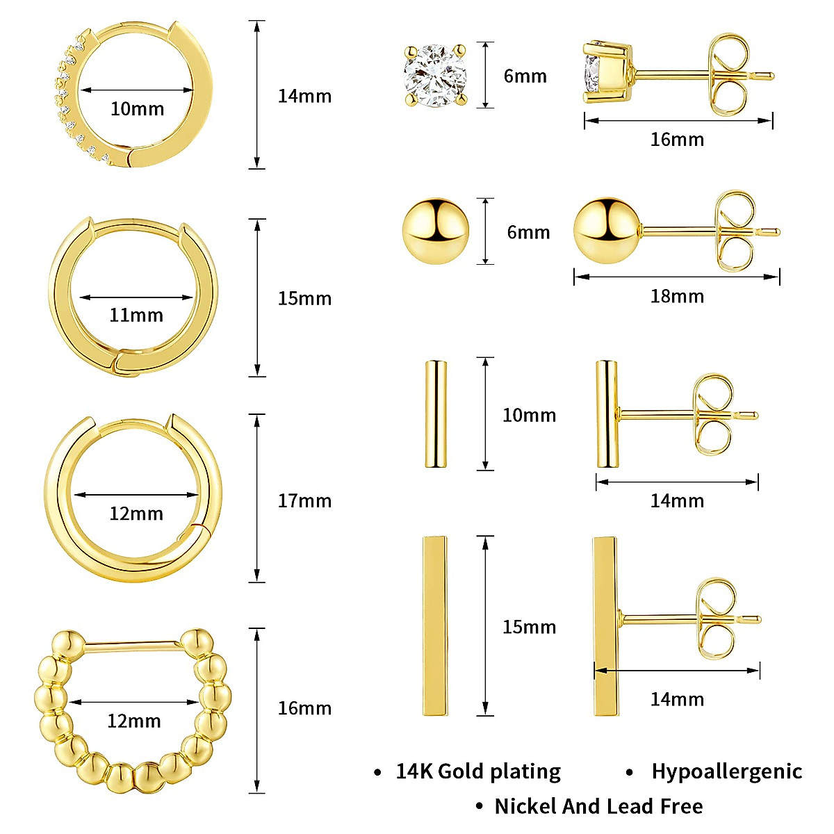 Dreamfox 8 Pairs Huggie Hoop Earrings Small Hypoallergenic 14K Gold Plated Huggie Earrings For Women Simple Huggie Stud Earrings Set Christmas Gift (one size, Gold-3)