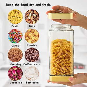 BETTWILL Glass Storage Jars-Large Kitchen Glass Canisters with Airtight Lids -Coffee Pasta Sugar Tea Snack Nuts Cookie Flour Food Container - Set of 3-Gold Color.