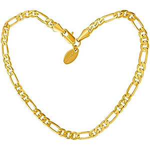 LIFETIME JEWELRY 4mm Figaro Chain Anklet for Women Men & Teen Girls 24k Gold Plated (Gold, 10)