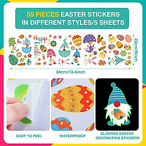 55 Pcs Glow in The Dark Stickers Wall Glowing Stickers Bunny Eggs Gnome Big Wall Decal Luminous Self Adhesive Stickers for Party Supplies Kids Room Nursery Classroom Wall Decor