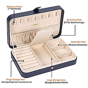 LANDICI Small Jewelry Box for Women Girls, PU Leather Travel Jewelry Organizer Case, Portable Jewellery Storage Holder Display for Ring Earrings Necklace Bracelet Bangle Watch Men Kids Gift, Dark Blue