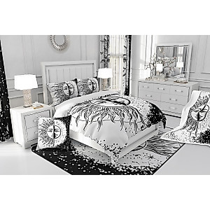 Erosebridal Sun Moon Duvet Cover Set Queen Yin Yang Comforter Cover Galaxy Star Bedding Set Bohemian Quilt Cover,Decorations 3 Piece Bedding Set (1 Duvet Cover 2 Pillowcases) Black and White