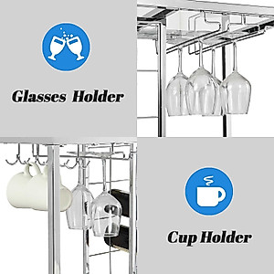 ASYA Wine Rack Table with Glass Holder, 3-Tier with Temered Glass Shelves, Modern Liquor Cabinet with Storage for Wine Bar, Living Room, Kitchen and Dining Room (Silver Finish)