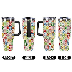 KPLBNAS Colorful Bold Aesthetic Checkered Flower Pattern 40 Oz Tumbler with Handle And Straw Lid, Insulated Reusable Stainless Steel Travel Mug Travel Mug for Hot And Cold Stainless Steel Vacuum Mug