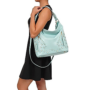 Mellow World Monserrat Floral Studded Slouchy Motor Style Hobo Handbag for Women with Removable Strap,Seafoam