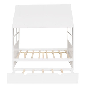 BIADNBZ Full Size House Bed with Twin Trundle, Wooden Platform BedFrame Daybed w/Roof&Window for Kids Boys Girls Bedroom, White