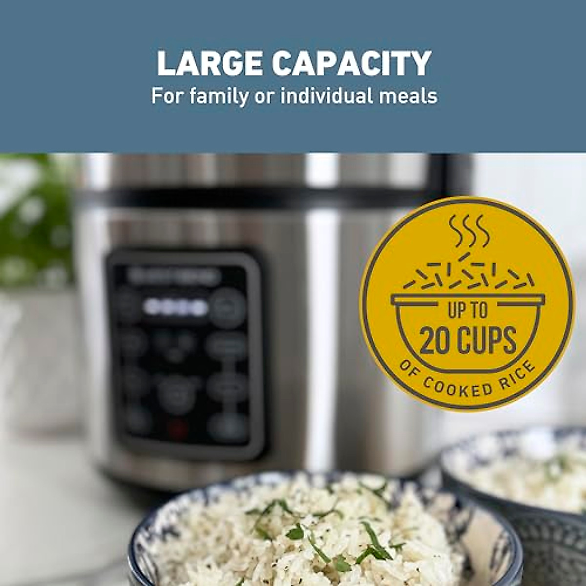 West Bend Rice & Grain Multi Cooker Programmable with 9 Preset Functions, Features Delay Start and Keep Warm Functions and Steam Basket, 20 Cups Cooked, Stainless Steel