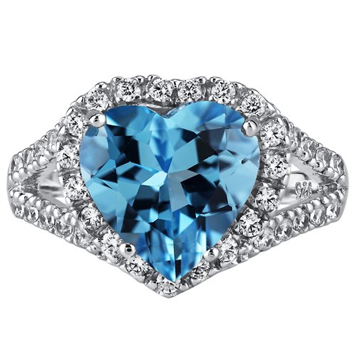 PEORA Swiss Blue Topaz Signature Heart Ring for Women 925 Sterling Silver, Natural Gemstone Birthstone, Large 5.25 Carats Heart Shape 11mm, Size 7