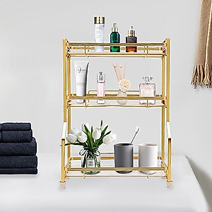 Bathroom Countertop Organizer, Gold Cosmetics Storage Display Rack Bathroom Counter Organizer for Skincare Makeup Perfume 3 Tier Vanity Tray Dresser Shelf White Marble Pattern Tray