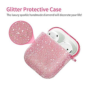 Bling Airpods Case, Cute Glitte Diamond Airpod Case Cover for Girls Women, Rhinestone Airpods Protective Case with Keychain Silicone Bangle Bracelet, Scratch Proof and Drop Proof (Pink)