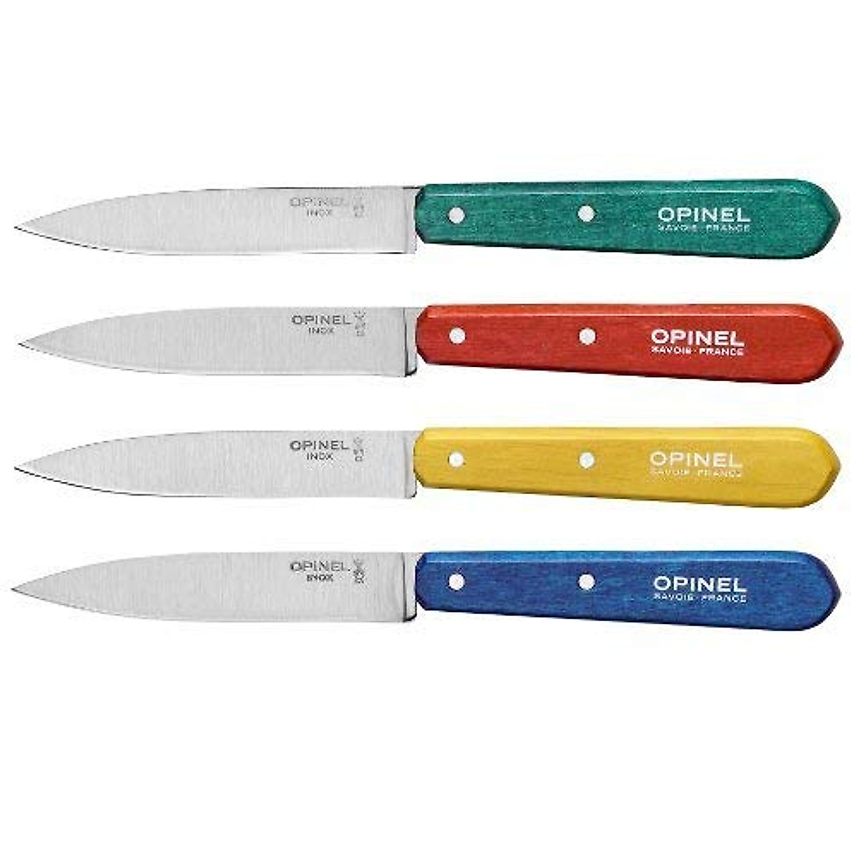 Opinel No. 112 Paring Knives Box Set, 4 Piece Paring Knife Set, High Carbon Steel for Chopping, Peeling, Slicing, Trimming, Painted Hornbeam Handles, Made in France (Classic), One Size, (001233)