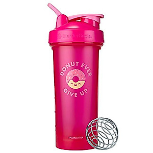 BlenderBottle Just for Fun Motivational Classic V2 Shaker Bottle Perfect for Protein Shakes and Pre Workout, 28-Ounce, Donut Ever Give Up,Pink