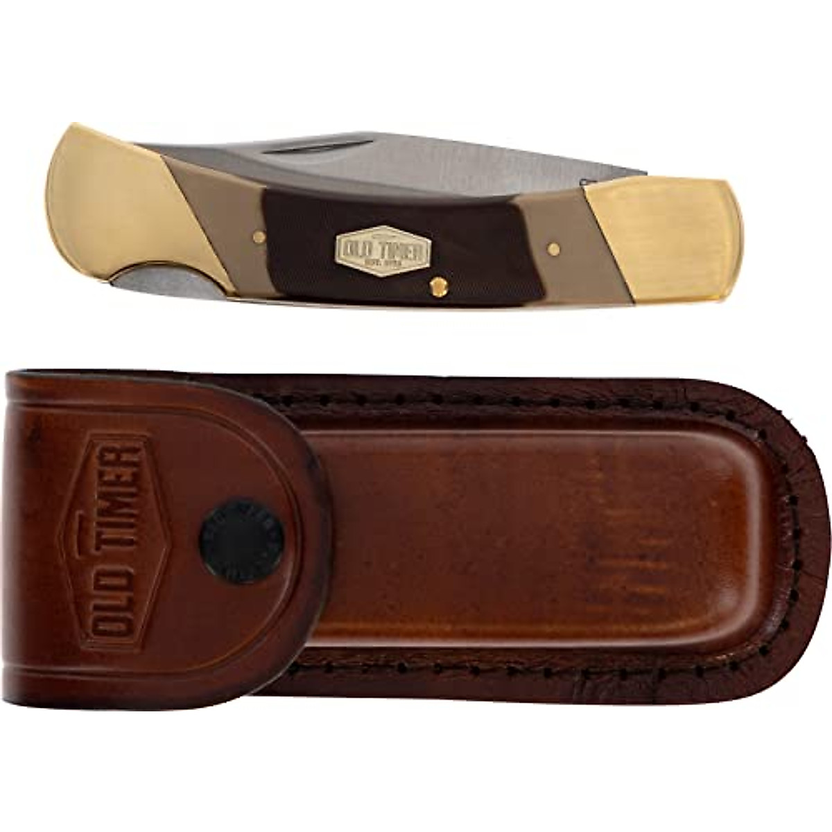 Old Timer 7OT Cave Bear Traditional Lockback Pocket Knife with 3.9in High Carbon Stainless Steel Blade, Sawcut Handles, and Leather Belt Sheath for Hunting, Camping, Whittling, EDC, and Outdoors