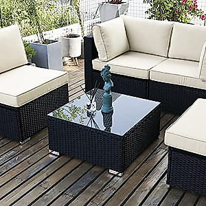 DIMAR GARDEN Outdoor Coffee Table Wicker Patio Side Table with Glass Top,25.2in Black