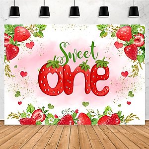 Aperturee 7x5ft Strawberry 1st Happy Birthday Backdrop for Girl Sweet One Photography Background First Birthday Party Berry Sweet Girl 1st Bday Red and Green Fruits Banner Favors Photo Booth Props