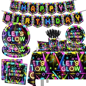 Neon Party Supplies,142Pcs Let Glow Party Decorations Including Disposable Paper Plates,Cups,Tablecloths, Glow in the Dark Theme Decoration for Birthday Baby Shower Party