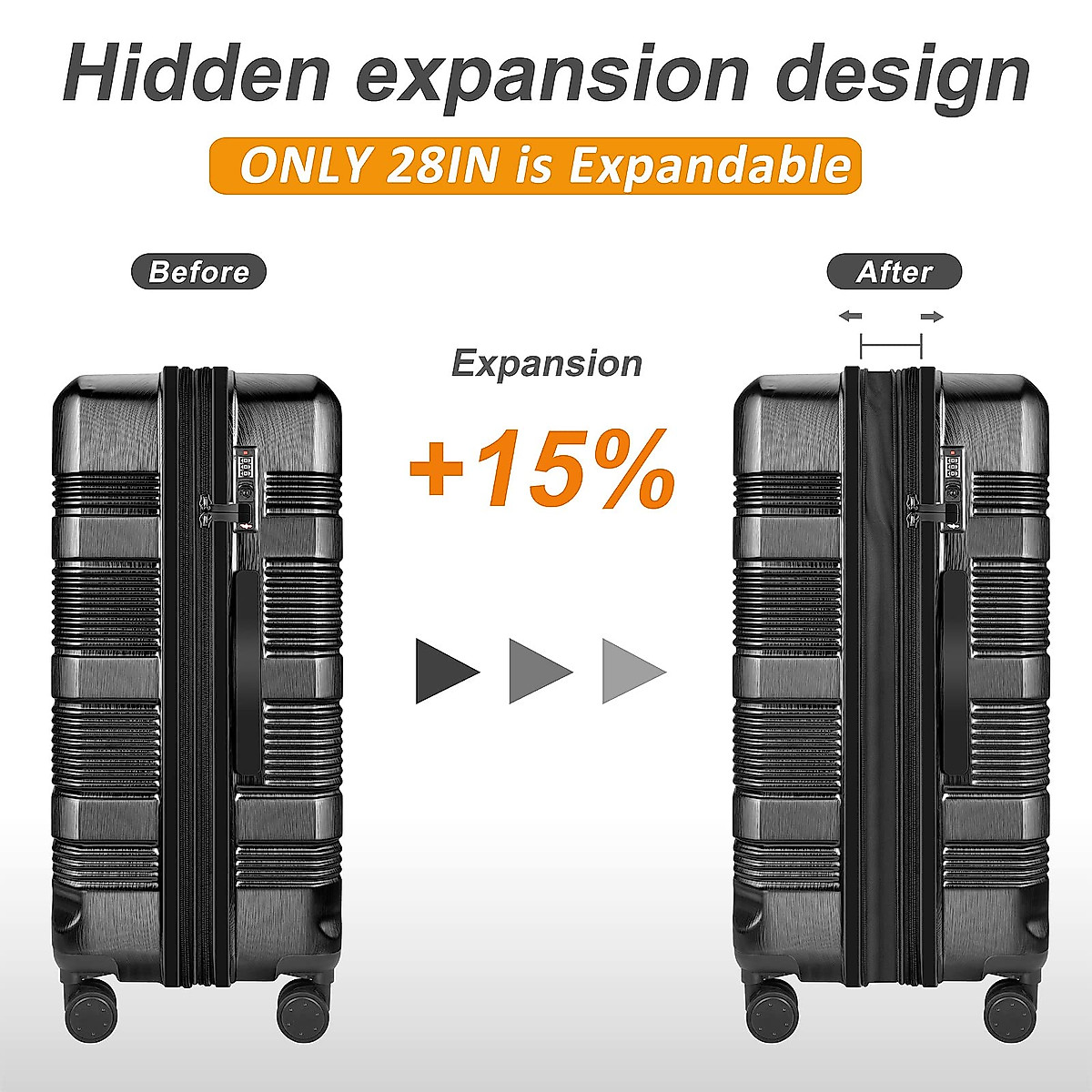 GigabitBest Luggage Sets Clearance Spinner Wheels Suitcase 3 Piece Set PC+ABS with TSA Lock Carry on Hardshell Lightweight 20in 24in 28in, Black