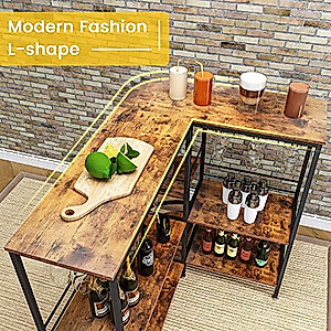 kepptory L-Shape Bar Table, 3-Tier Liquor Bar Table with Storage & Glasses Holder & Footrest, Farmhouse Wine Bar Cabinet for Home, FreeStanding Sideboard and Buffet Cabinet, Retro Brown