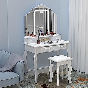 JIFULI Vanity Desk with Mirror and Lights, Makeup Vanity, White Vanity Mirror with Lights Desk and Chair, 4 Drawers Makeup Table with Lighted Mirror, 3 Lighting Colors, White