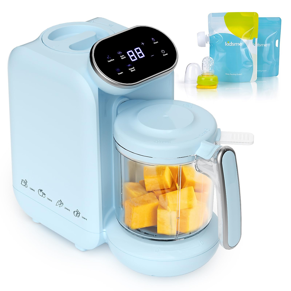 Awesmom Baby Food Maker, 5 in 1 Baby Food Processor, Smart Control Multifunctional Steamer Grinder with Food Pouches, Puree Blender, Auto Cooking & Grinding, Baby Food Warmer Mills Machine, Blue
