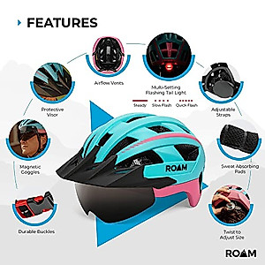 Roam Road Bike Helmet - Durable Helmets for Adults with Sun Visor, LED Light and Detachable Magnetic Goggles - Adjustable Size - Mountain Bicycle Helmet for Adult Men & Women﻿