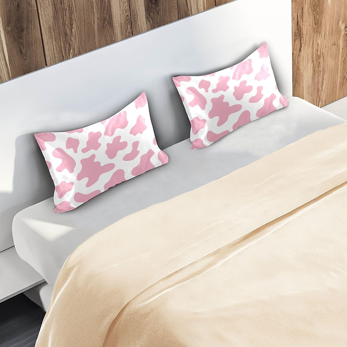 Joisal Pink Cow Print Camo Pillow Cases Silk Pillow Covers King Satin Pillows Case, with Envelope Closure, 40x20 Inches