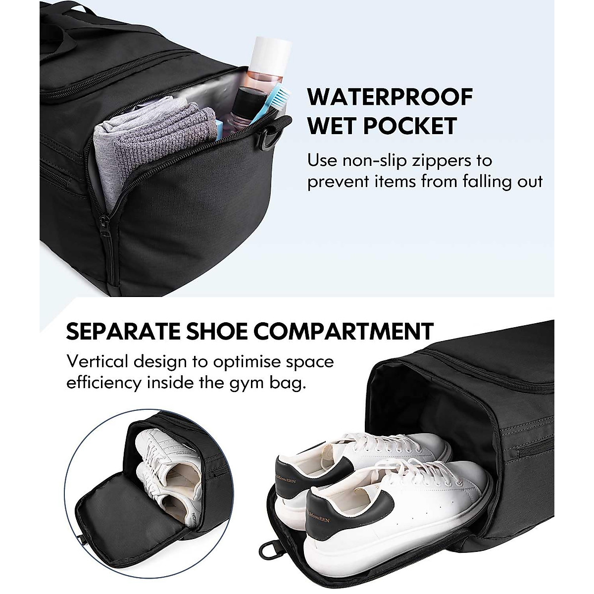 Gym Bag for Men Women, Foldable Travel Duffel Bags with Shoe Compartment & Wet Pocket, Lightweight Weekender Overnight Duffle Bag, Water Resistant Workout Sports Bag, Black