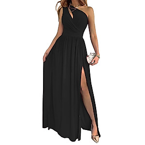 LYANER Women's One Shoulder High Split Cutout Sleeveless Elegant Party Maxi Dress Pure Black Medium
