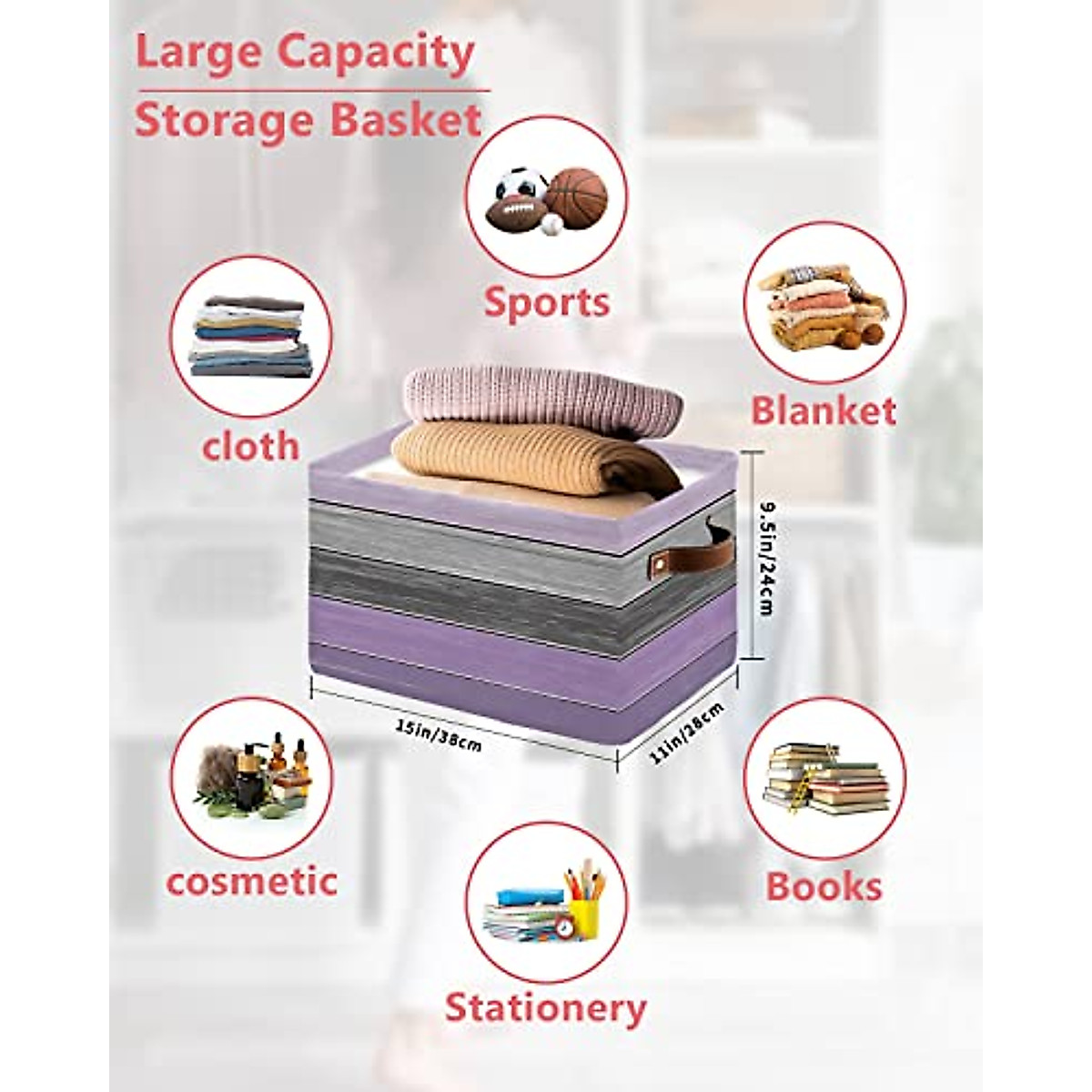 Large Capacity Storage Bins 2Pcs Stripe Wood Grain Purple and Grey Storage Cubes, Collapsible Storage Baskets for Organizing for Bedroom Living Room Shelves Home 15x11x9.5 In