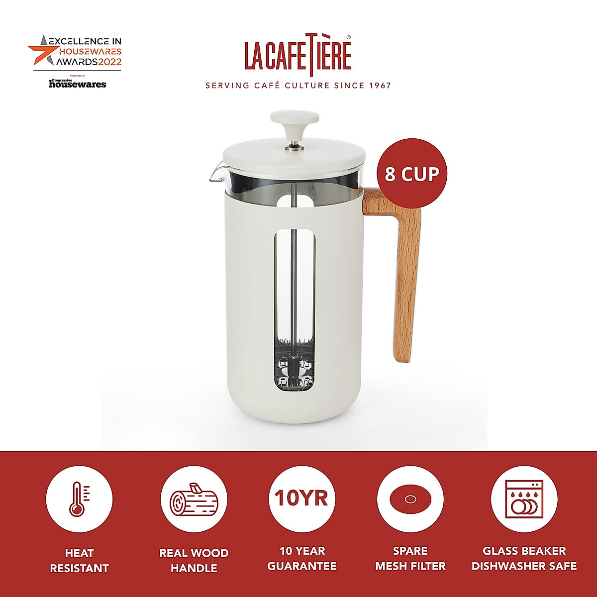 La Cafetière Pisa Cafetière, 8-Cup/1L, Heat-Resistant Borosilicate Glass and Stainless Steel with Easy-Grip Plunger, Large French Press Coffee Maker for Loose Tea and Ground Coffee, Flint