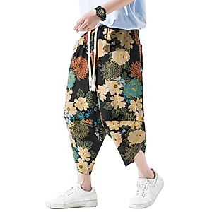 DOSLAVIDA Men's Casual Elastic Waist Linen Capri Pants Wide Leg Baggy Cotton Harem Yoga Trousers Loose Patchwork Shorts