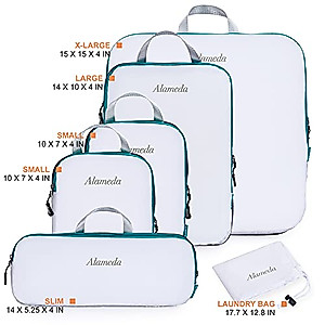 Compression Packing Cube Set 6pcs for Carryon Luggage, Travel Packing Organizers with Laundry Bag for Backpack, White