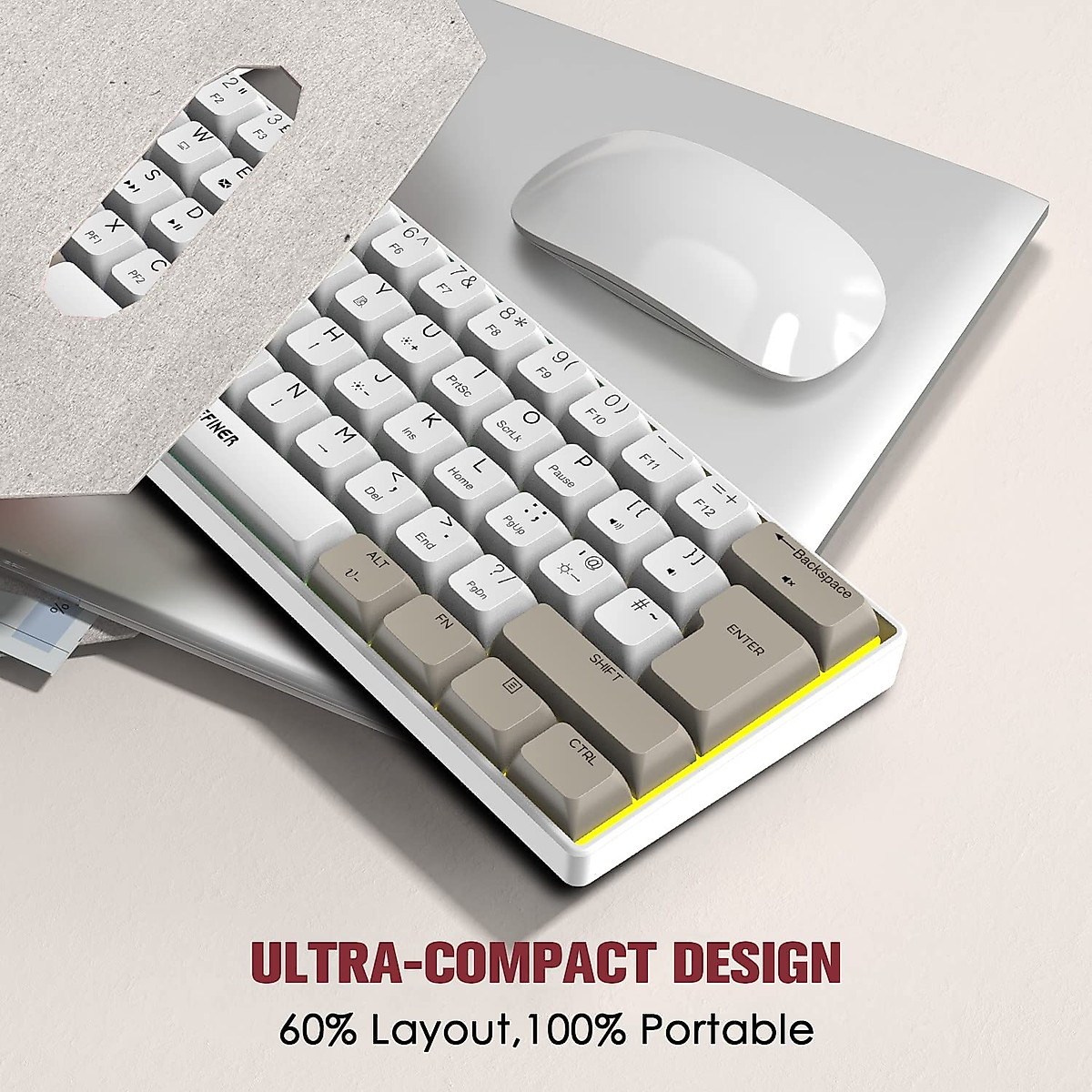 Mini Mechanical Gaming Keyboard Type-c Wired with PBT Dye-subbed Keycaps Rainbow RGB Backlit 60%Layout Full Anti-Ghosting 62 Key Ergonomic for Typist Laptop PC Mac Gamer (White Main/Blue Switch)