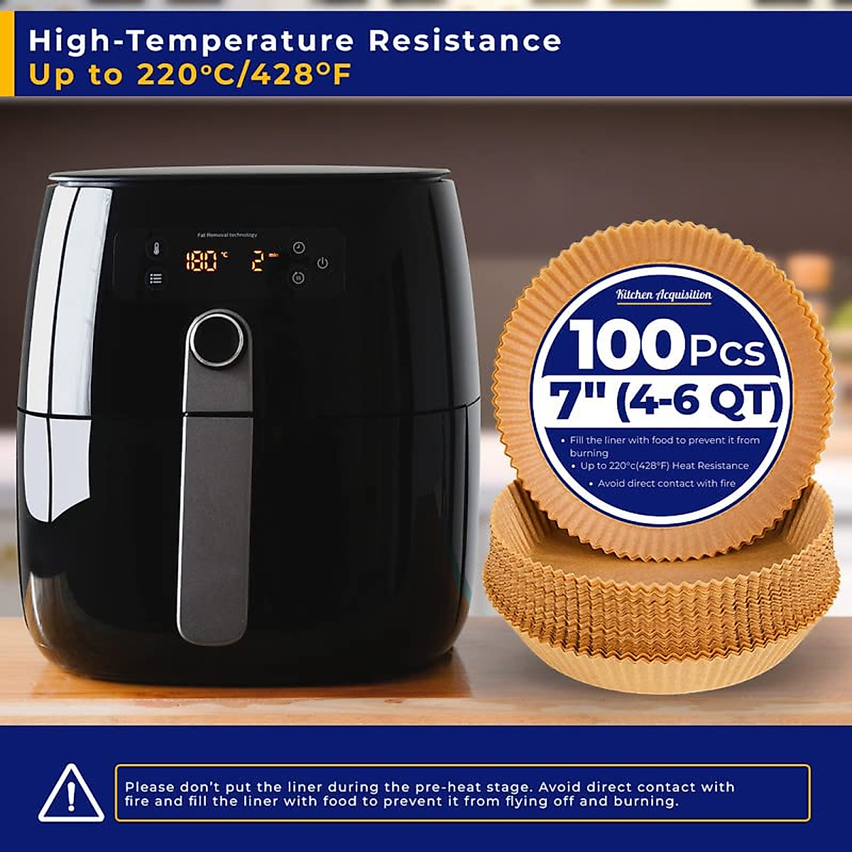 air fryer liners disposable, nonstick, grease, oil-proof air fryer liners, ideal for microwave, and air fryers, 7-inch parchment paper round best for 4-8 quartz from kitchen acquisition 7inch-100 pcs