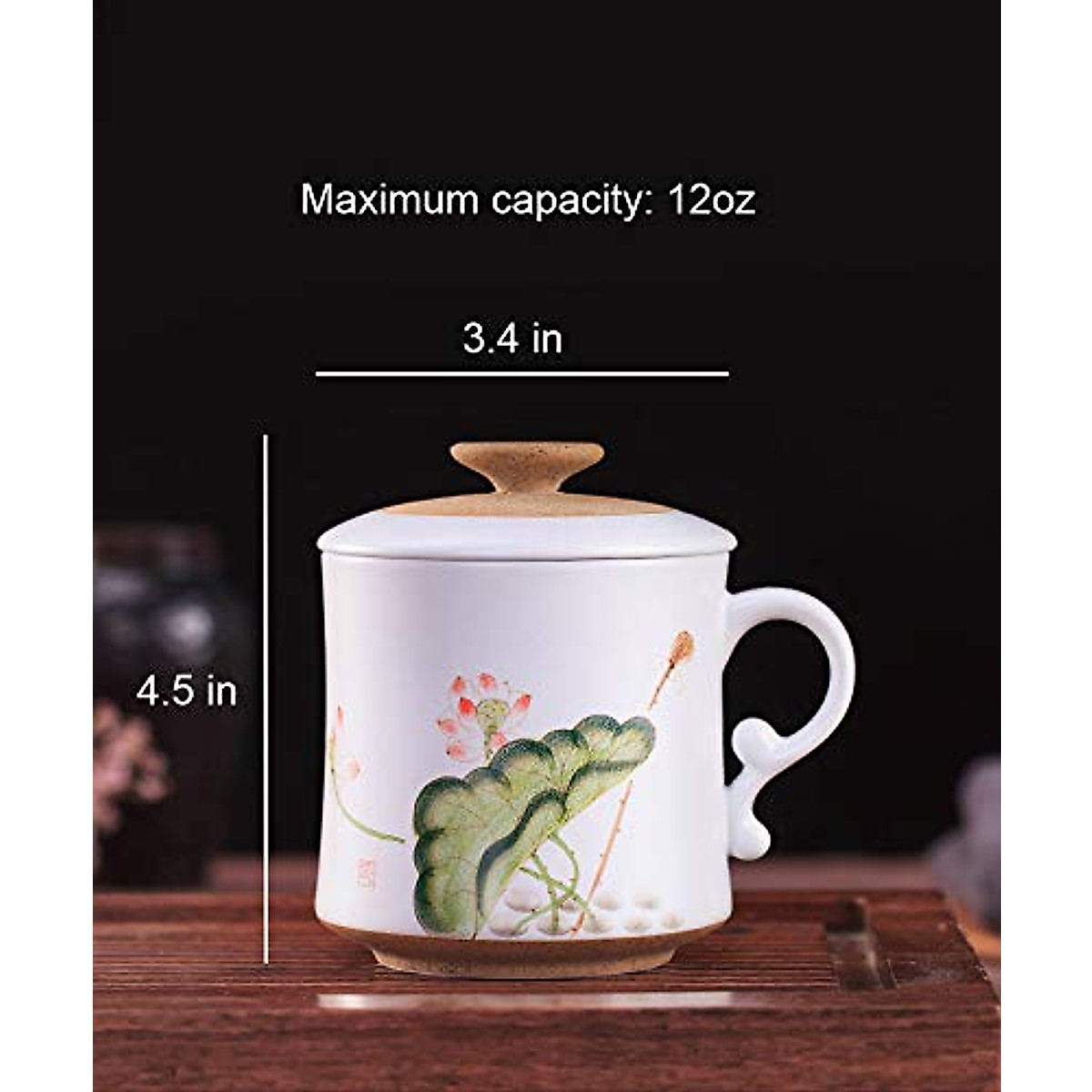 BIFULDYO Tea Cup with Filtering Function, Single Cup Loose Tea Brewing System,Large Capacity 12oz, Chinese Painting Style Pattern,Loose Leaf Iced Blooming or Flowering Tea Filter(Lotus)