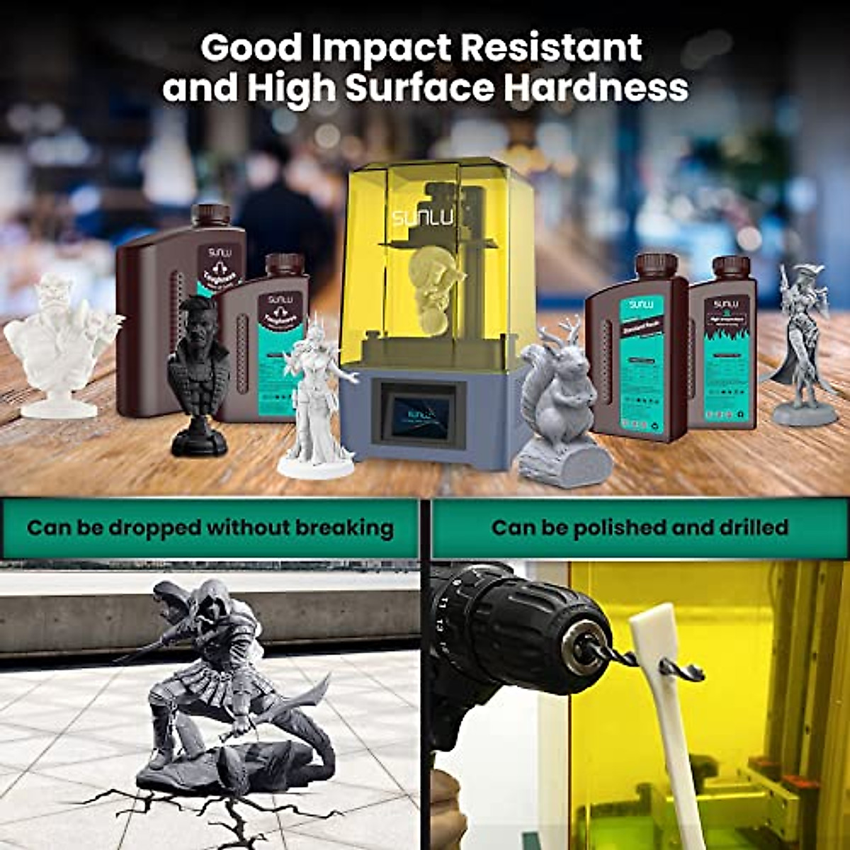 SUNLU High Tough 3D Printer Resin, Flexible Fast Curing 3D Resin for 2K 4K 8K LCD DLP SLA Resin 3D Printer, 405nm UV Curing 3D Printing Photopolymer Resin, 350J/m High Impact Resistant, 1KG, Grey