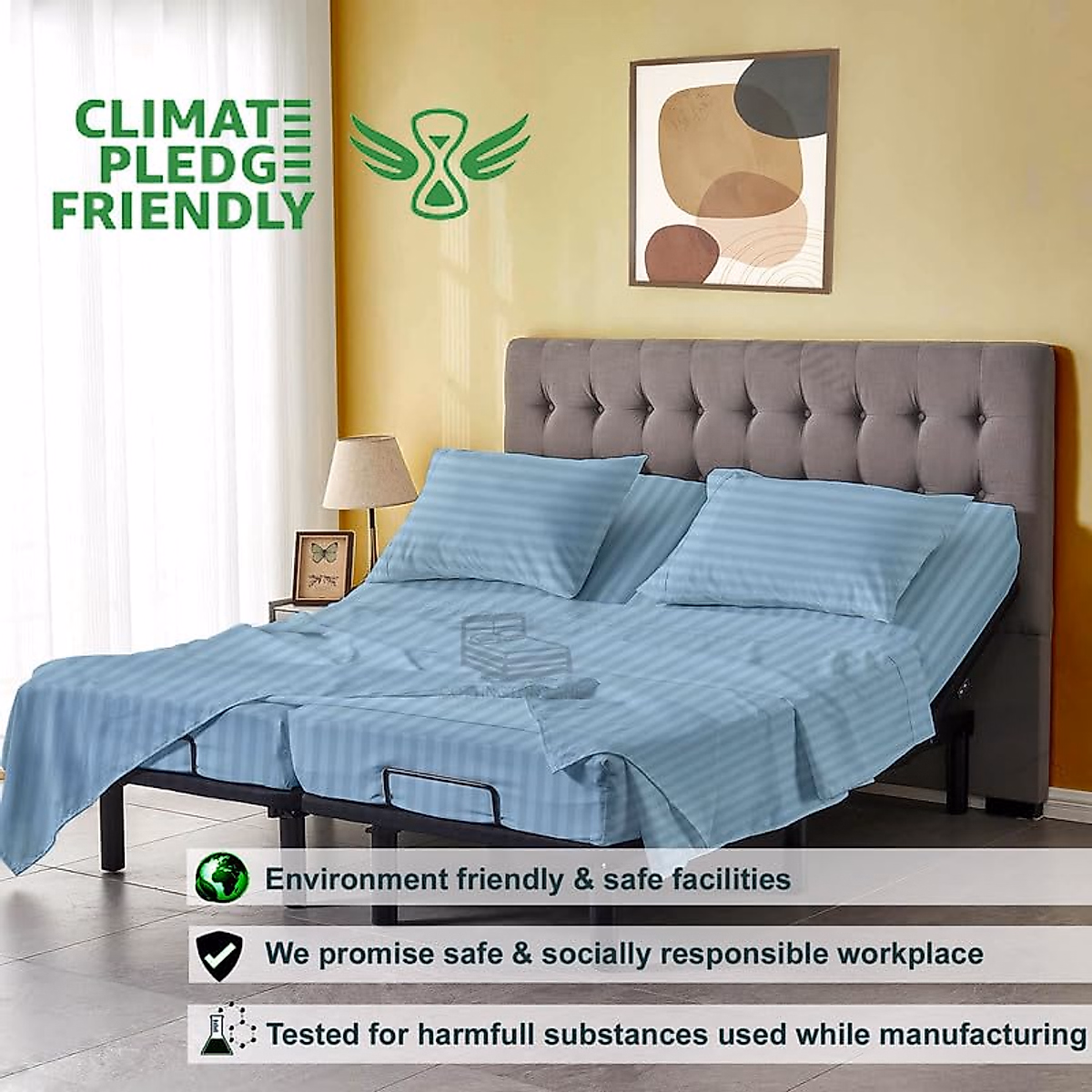 5 Piece Split California King Sheets Sets for Adjustable beds- 400 TC 100% Cotton(Light Blue Stripe)