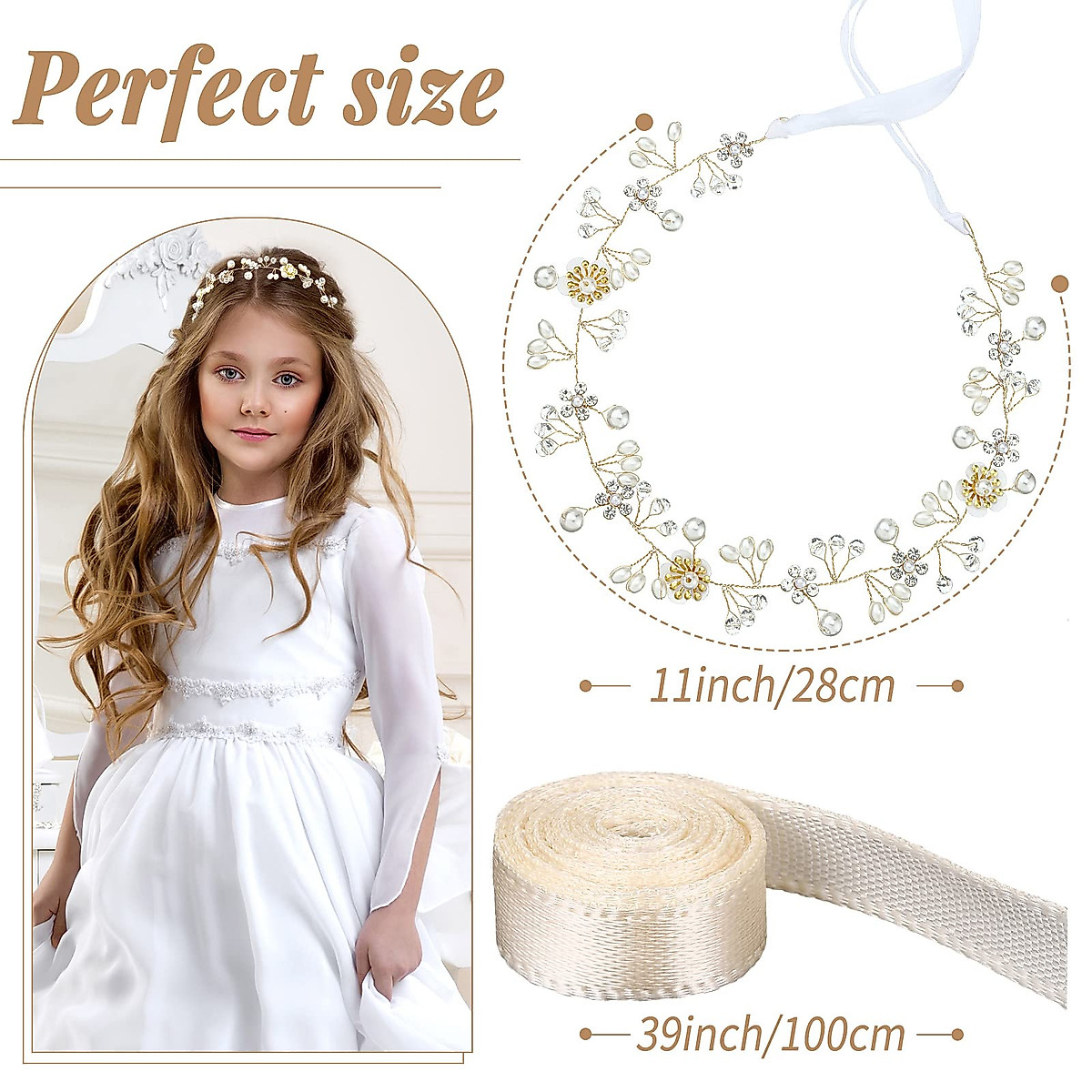 3 Pieces Headpiece Pearl Bridal Headband for Flower Girl Hair Accessory Rhinestone Princess Crown Cute Wedding Hair Accessories for Kids Girls Vine Hair Band, Gold